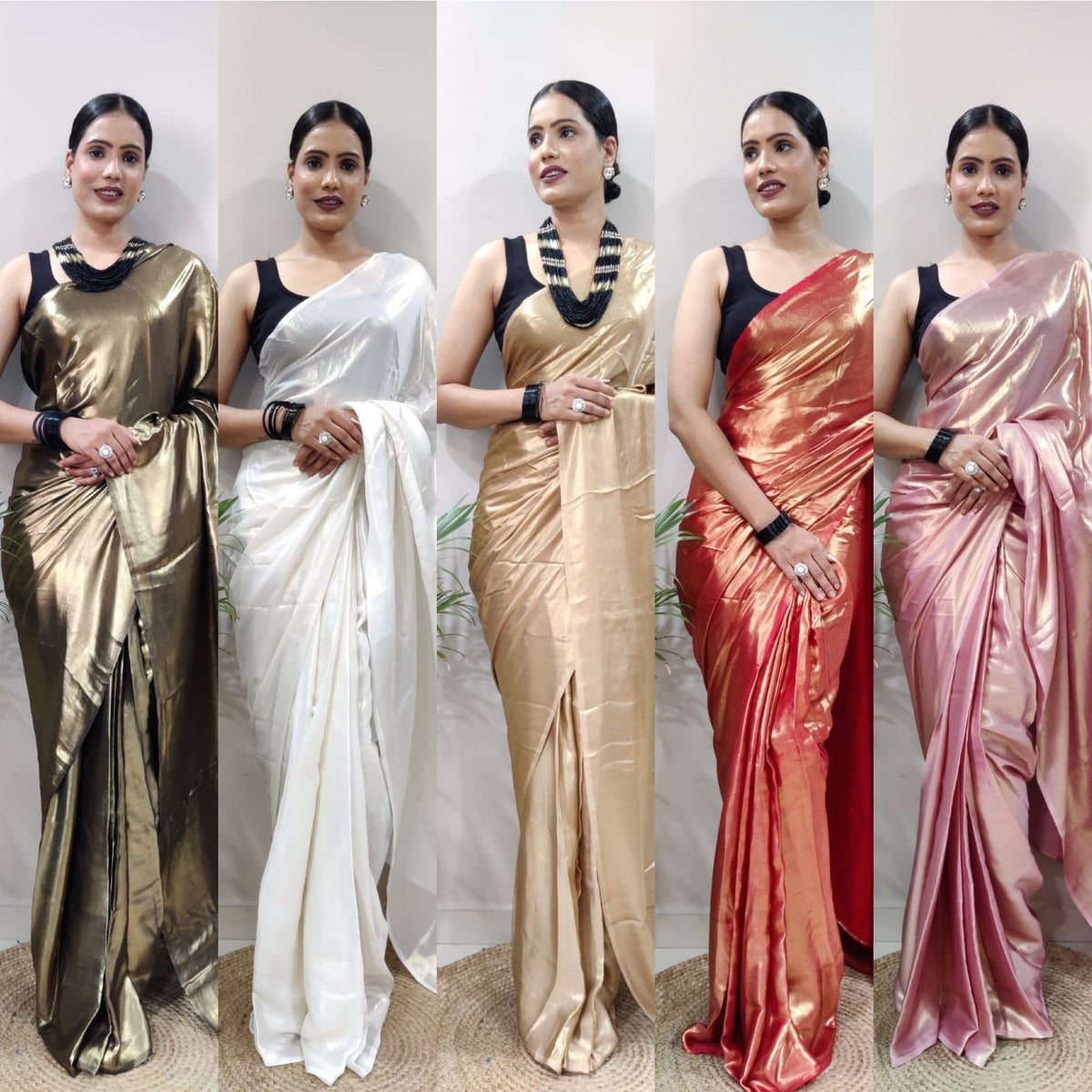 Gold shimmer satin silk - one minute reaydmade saree – SejKin