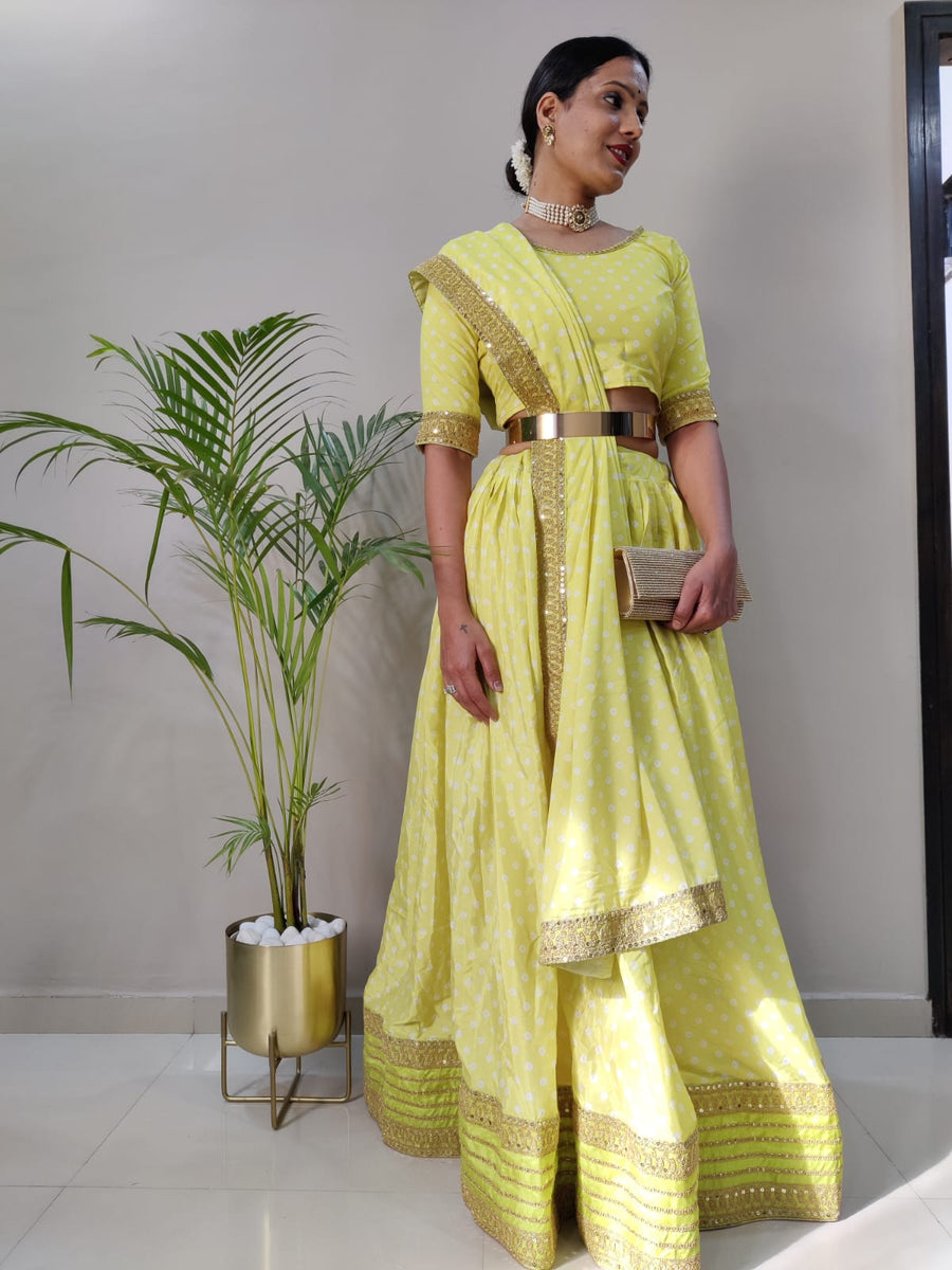 Pastel lemon yellow silk Lehenga with metal belt – SejKin