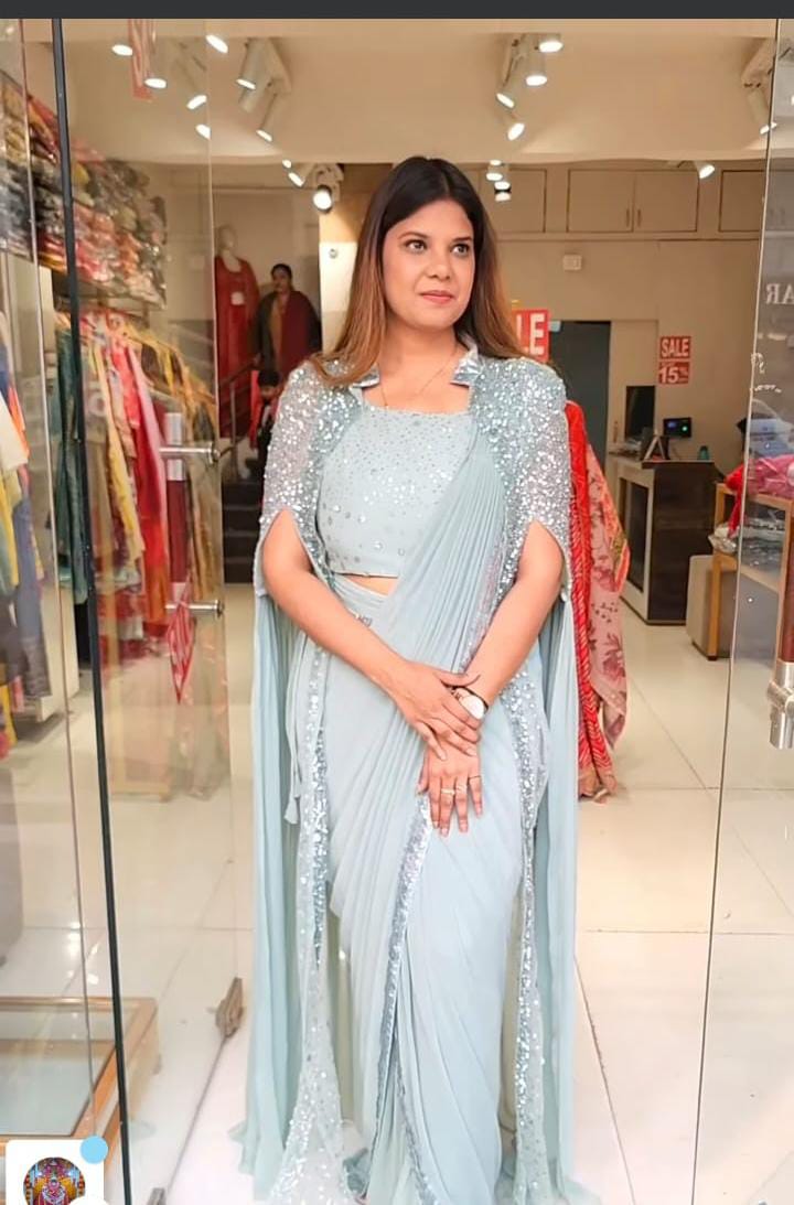 Pearl green ready drape saree with long stylish sleeves – SejKin